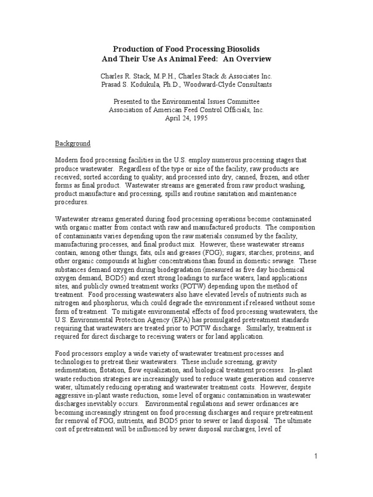 Production of Food Processing Biosolids and Their Use As Animal Feed ...