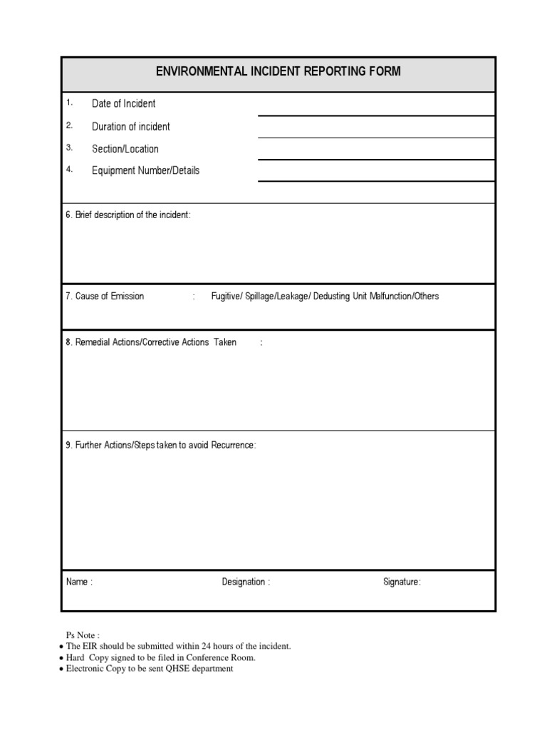 Environmental Incident Reporting Form: Date of Incident Duration of ...