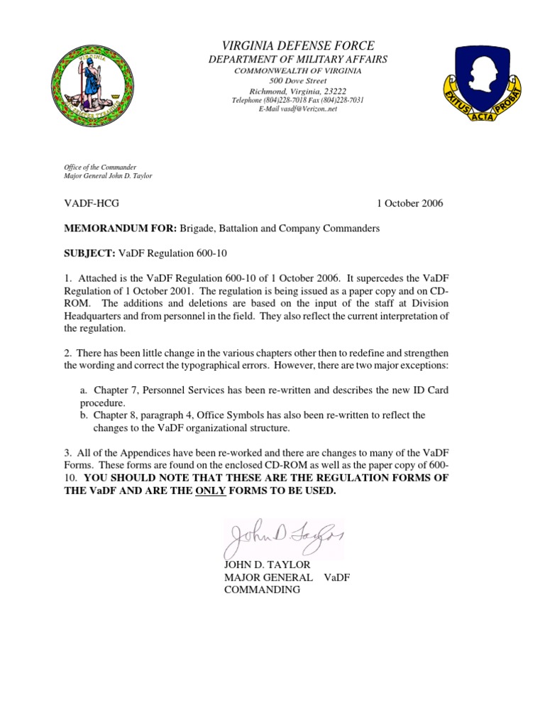 Virginia Defense Force: Memorandum For: Brigade, Battalion and Company ...