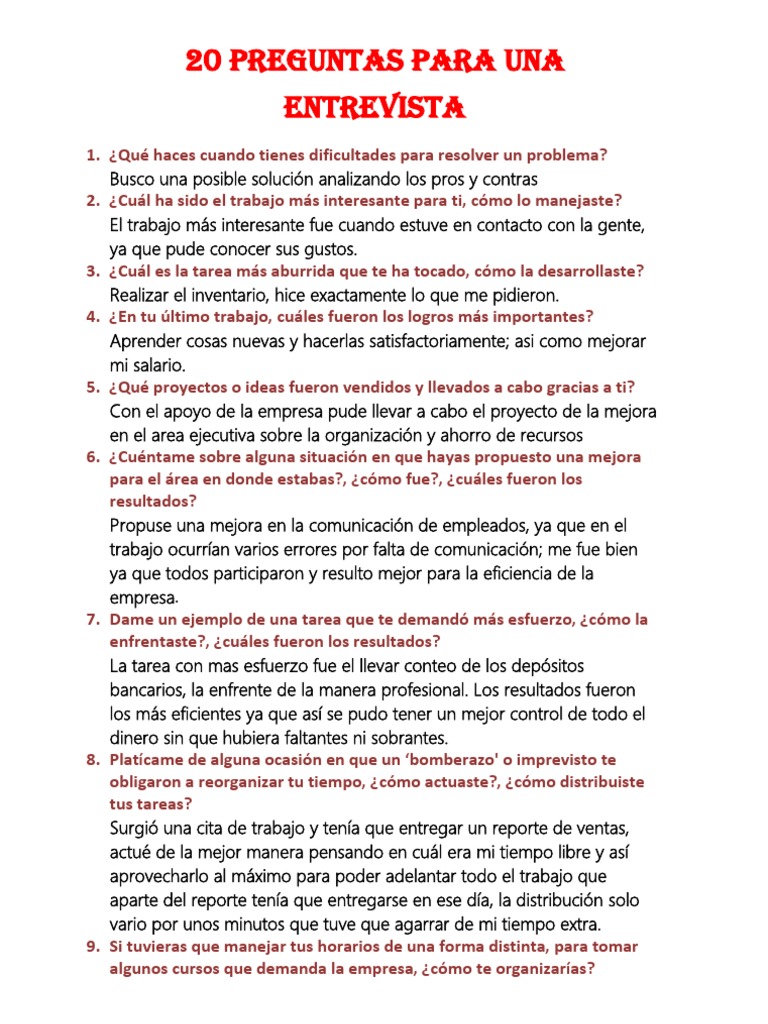 20 Preguntas para Entrevistas Efectivas | PDF | Toma de decisiones ...