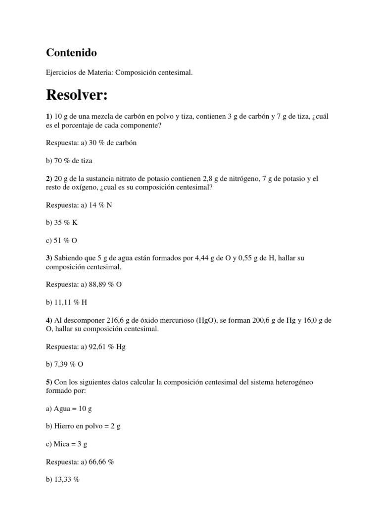 Ejercicios Quimica 1 Composicion % de Materiales | PDF