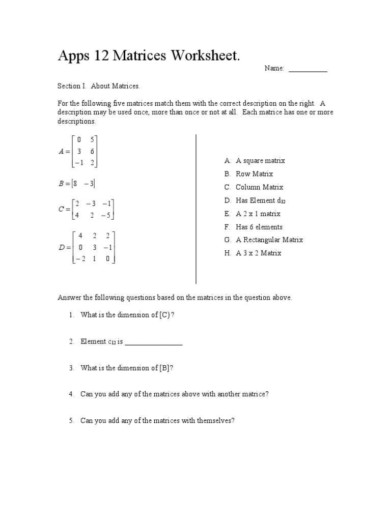 Apps 12 Matrices Worksheet | PDF | Matrix (Mathematics) | Scalar ...