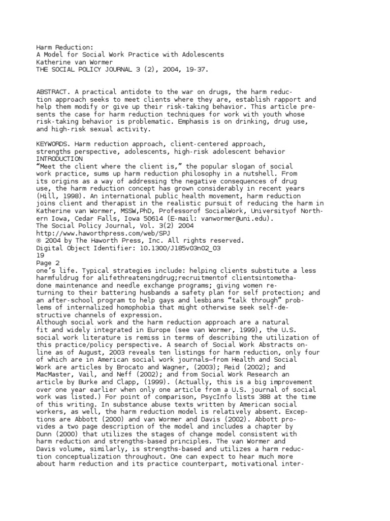 Harm Reduction: A Model For Social Work Practice With Adolescents | PDF ...