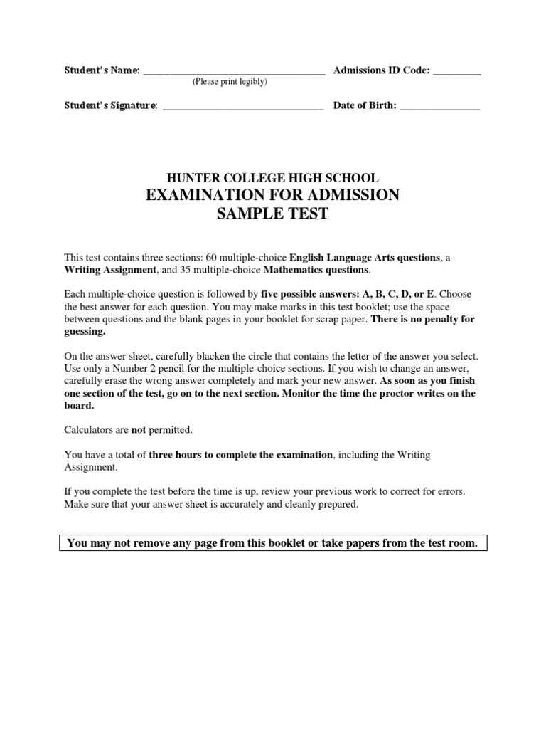 Hunter College High School SHSAT Sample Test | PDF | Multiple Choice ...