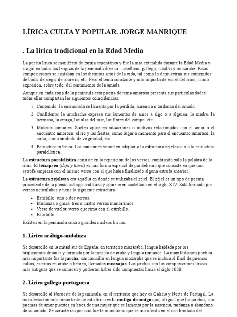 Lirica Popular y Culta y Jorge Manrique | PDF | Poesía | Idiomas