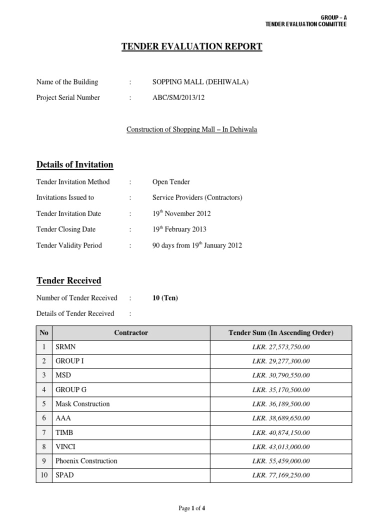 Tender Evaluation Report | Specification (Technical Standard) | Evaluation