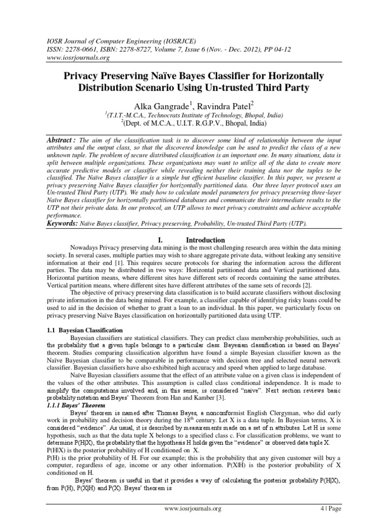 Privacy Preserving Naïve Bayes Classifier For Horizontally Distribution Scenario Using Un ...