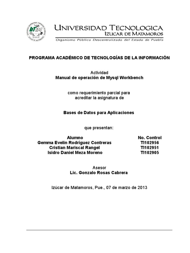 Manual de Operacion de Mysql Workbench | PDF | Tabla (base de datos ...