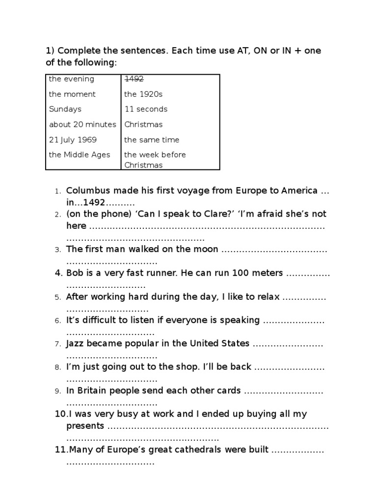 Prepositions of Time Exercises | PDF