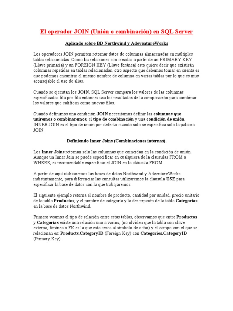El Operador Join SQL Server | PDF | Tabla (base de datos) | Gestión de tecnología de la información