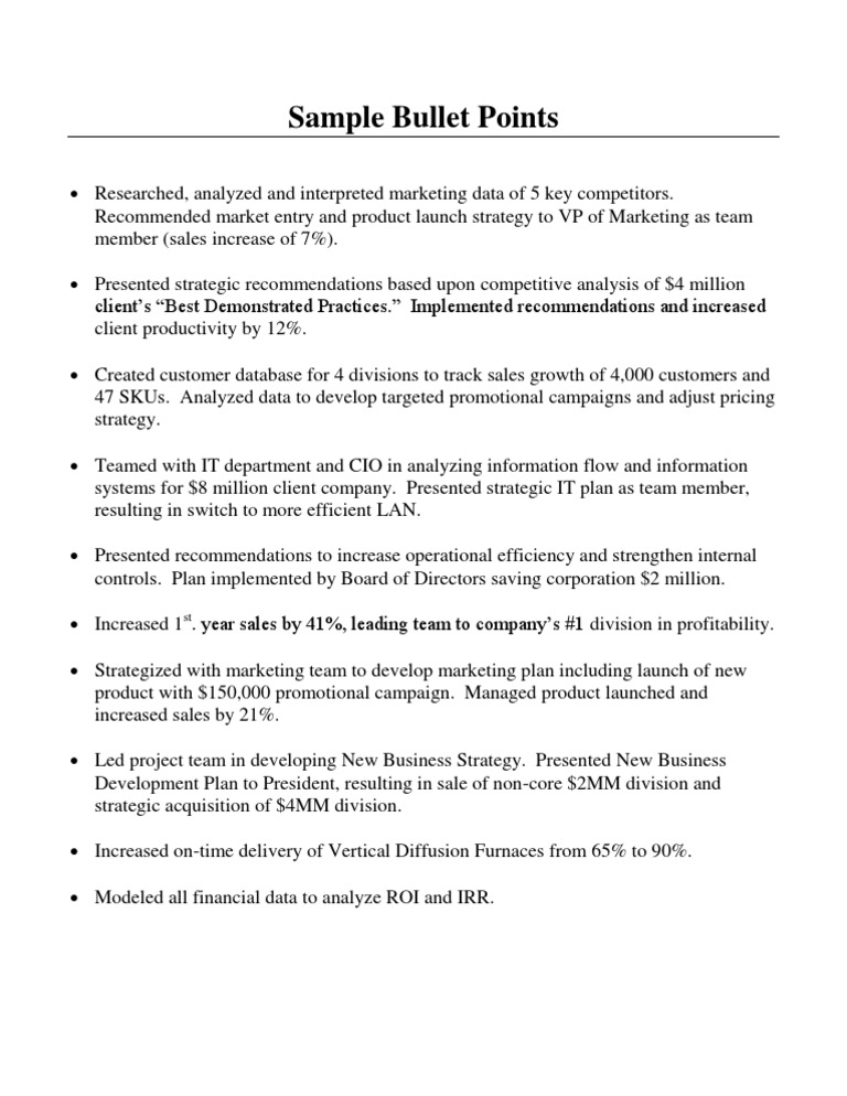 Sample Bullet Points | PDF | Business Development | Strategic Management