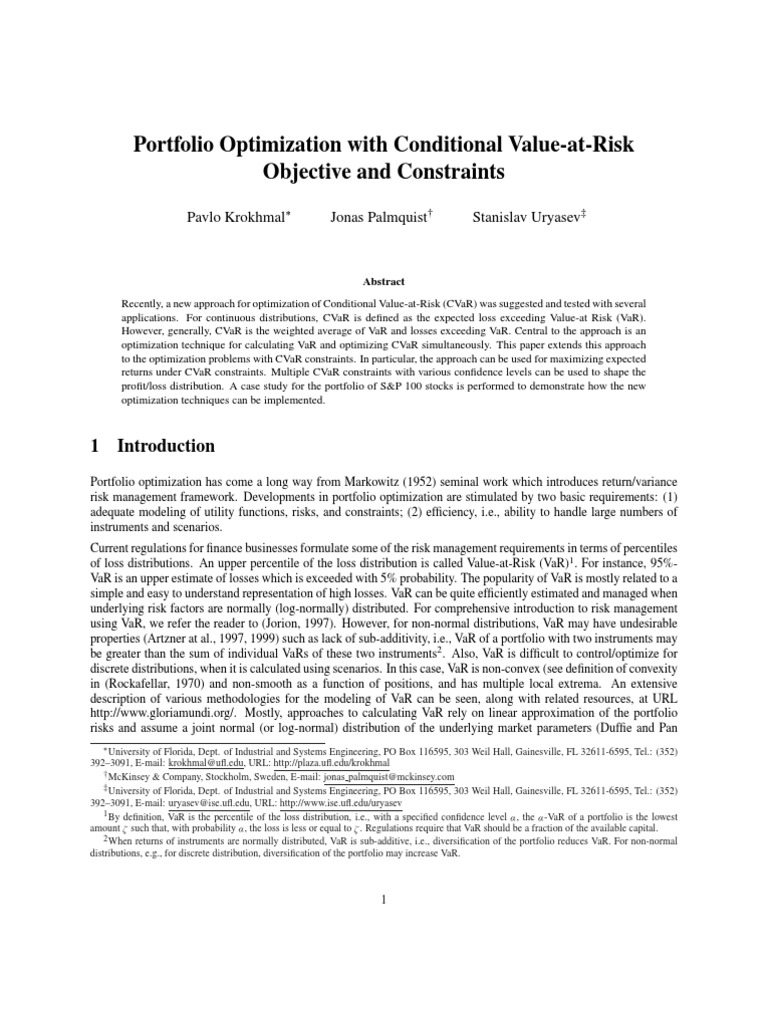 Cvar Optimization For Investors Pdf Value At Risk Mathematical