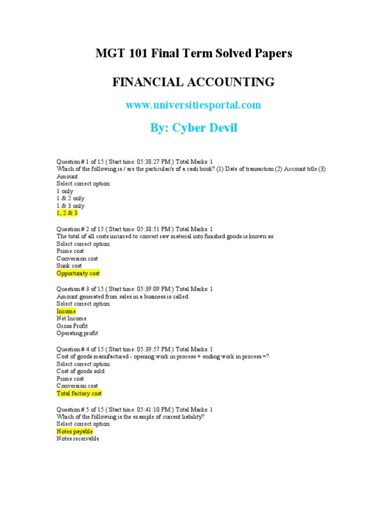 MGT 101 Final Term Solved Papers by Cyber Devil | PDF | Debits And Credits | Expense