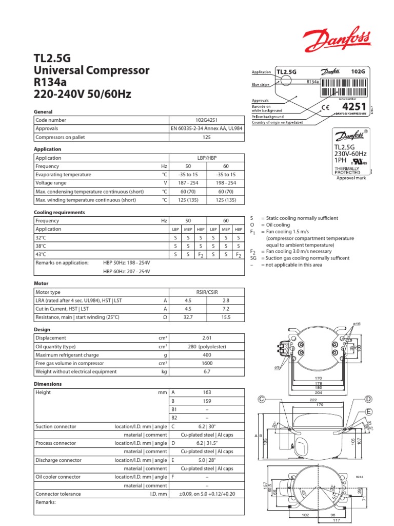 TL2.5G Universal Compressor R134a 220-240V 50/60Hz: General | PDF | Gas ...
