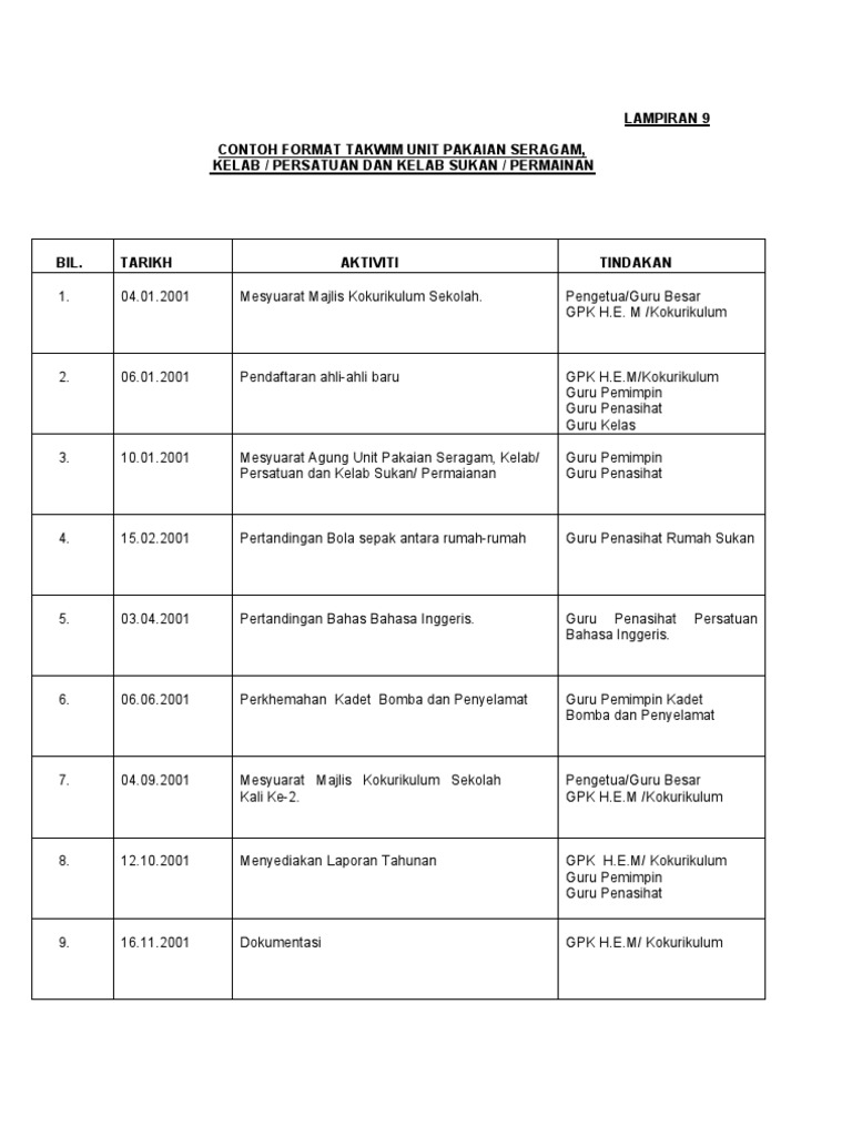 Contoh Format Takwim Utk Unit Kokurikulum | PDF