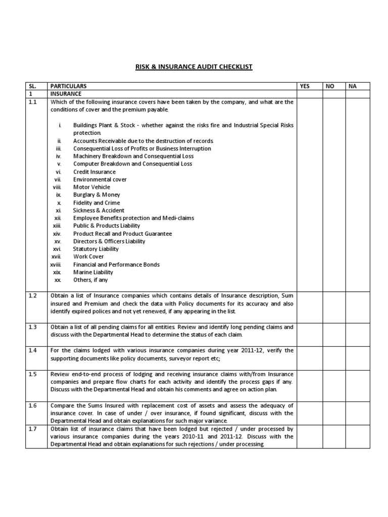 Risk Insurance Audit Checklist | PDF | Liability Insurance | Insurance
