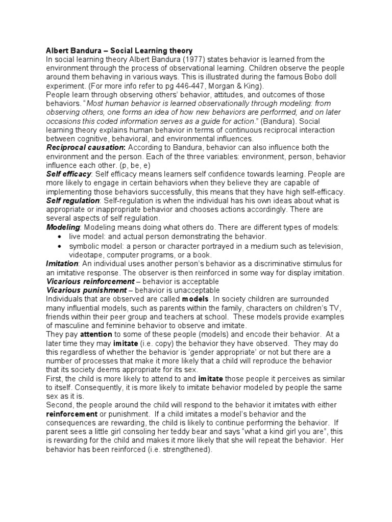 Bandura's Social Learning Theory Explained | PDF | Self Efficacy ...