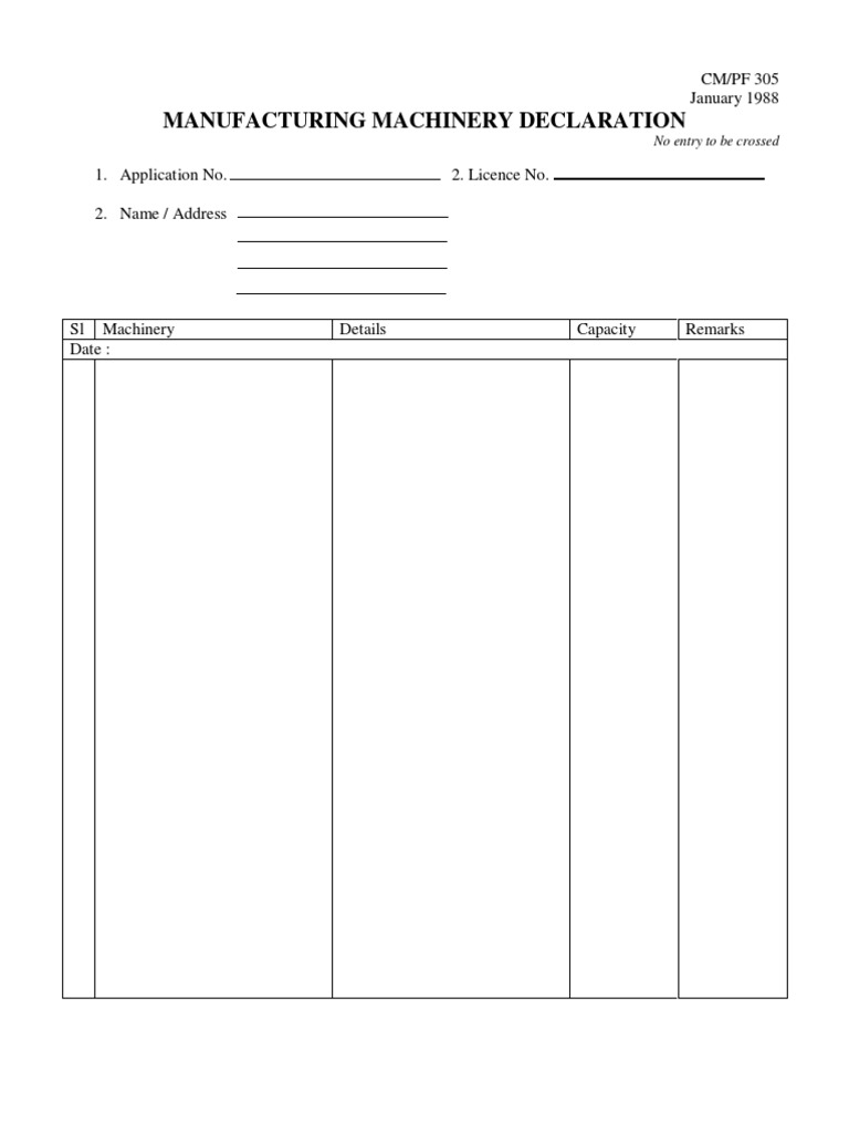 CM PF 305 Manufacturing Machinery Declaration Form