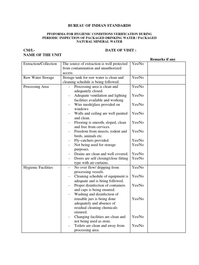 Proforma For Hygienic Conditions Periodic Inspection | PDF | Hygiene ...