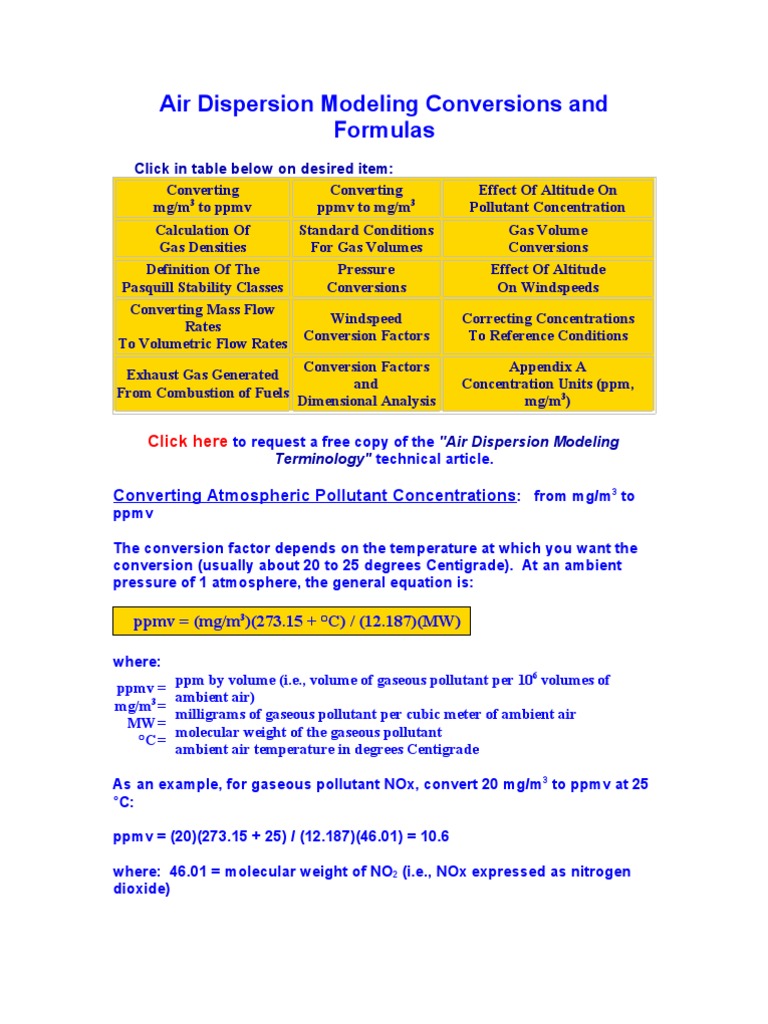 Air Dispersion Modeling Conversions and Formulas | PDF | Parts Per ...
