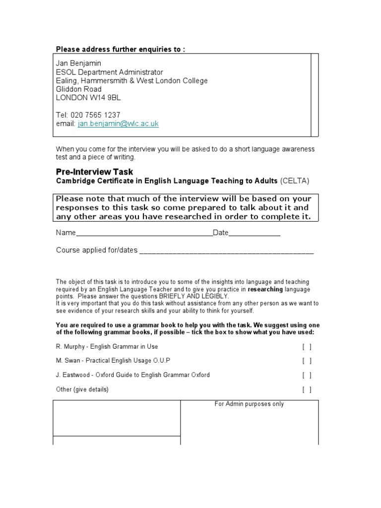 Pre-Interview Task for CELTA Course | PDF | English Language ...