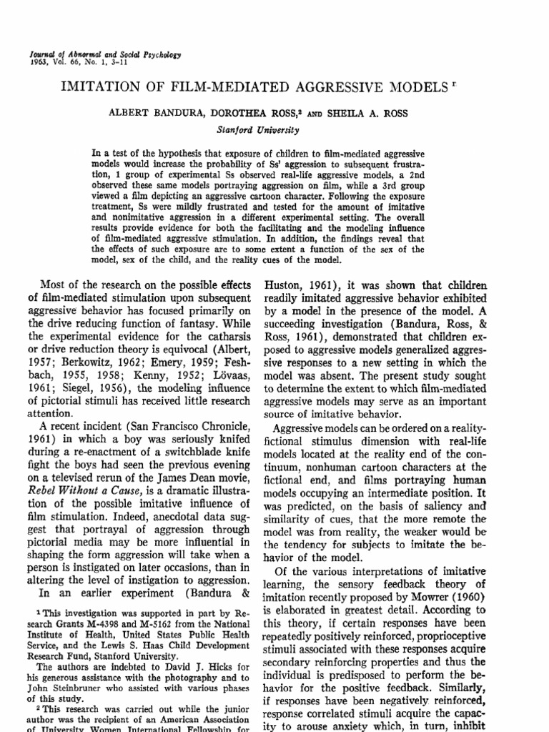 Film-Mediated Aggression Imitation Study | PDF | Aggression | Imitation
