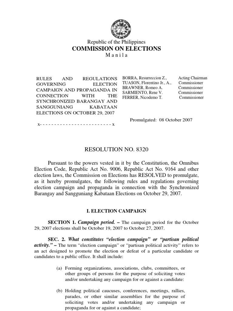 Campaign Guidelines, 2007 Barangay and SK Elections | Commission On ...