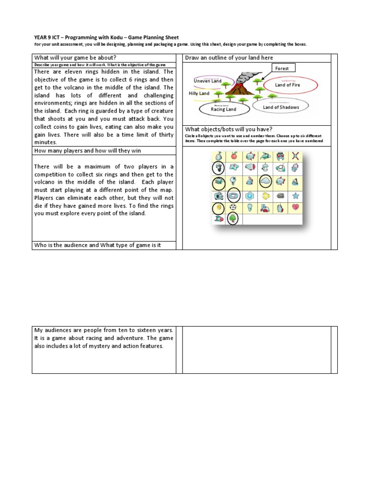 YEAR 9 ICT - Programming With Kodu - Game Planning Sheet | PDF | Sports ...