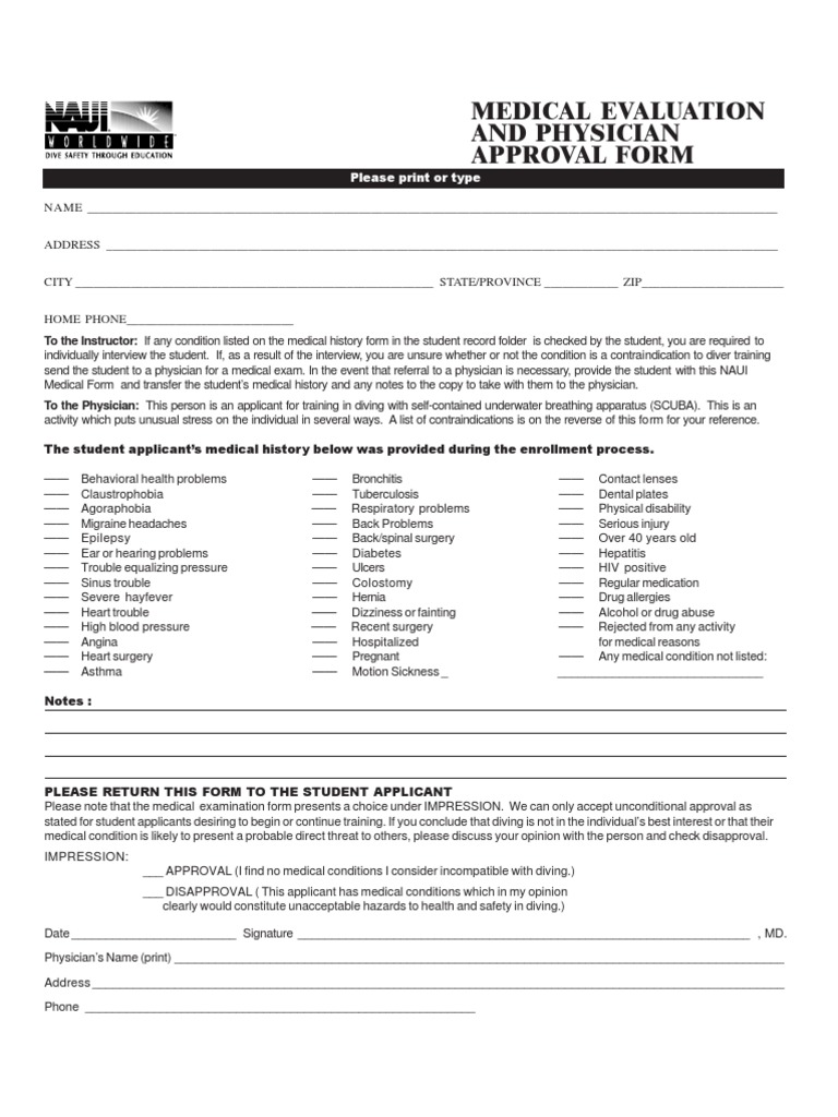NAUI Medical Evaluation and Physician Approval Form | Scuba Diving | Asthma