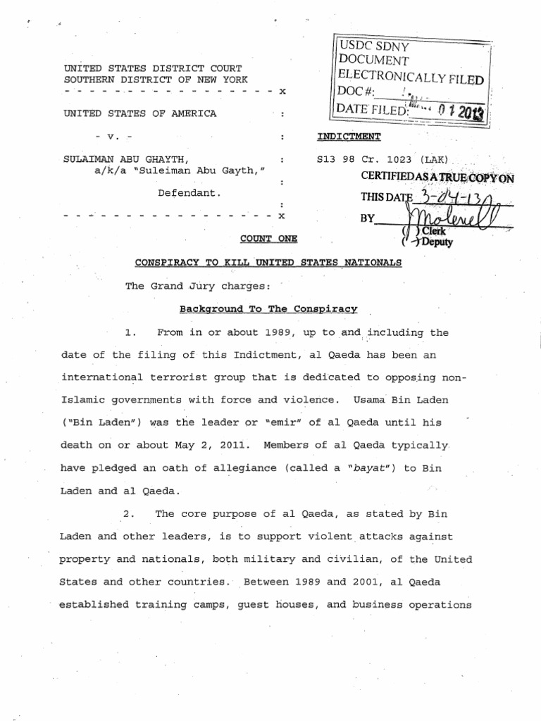 Indictment of Osama Bin Laden's Son-In-Law Sulaiman Abu Ghayth | PDF