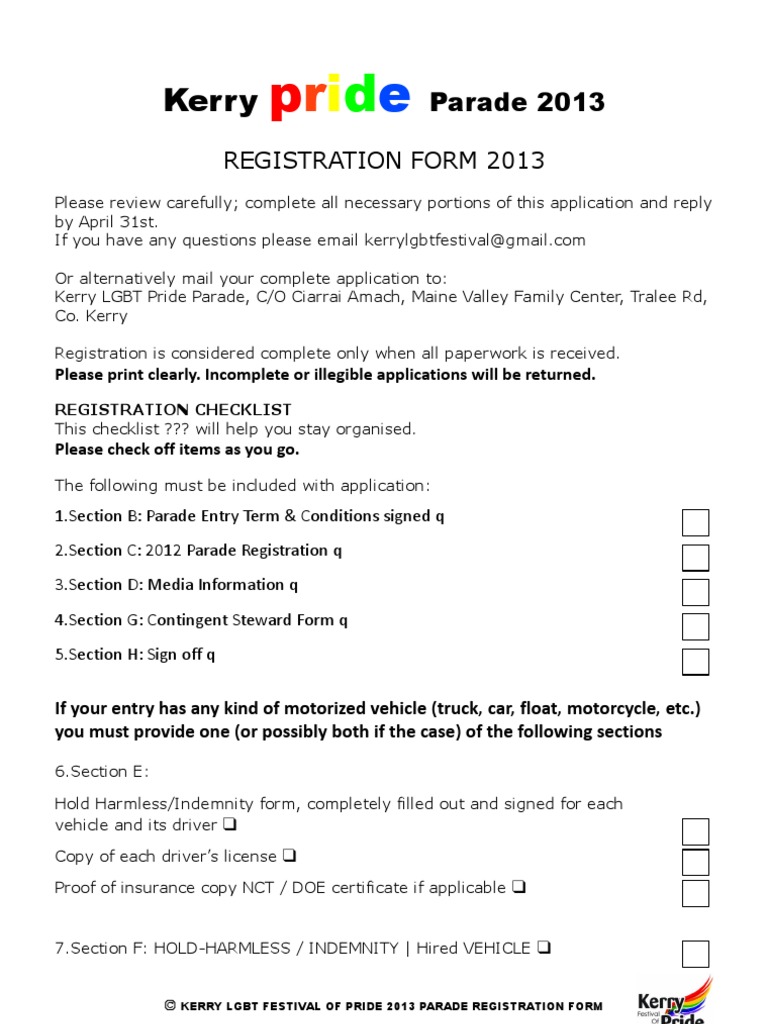 Kerry Pride Parade 2013 Registration Form | PDF | Indemnity | Insurance