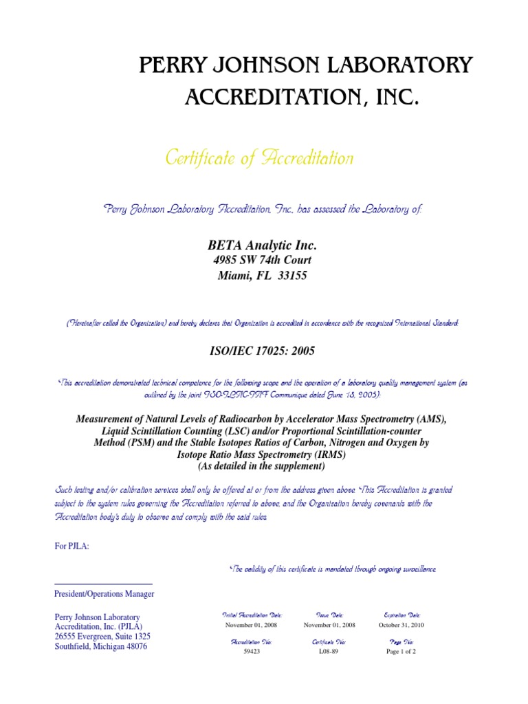 Beta Analytic ISO 17025 Certificate of Accreditation | PDF ...