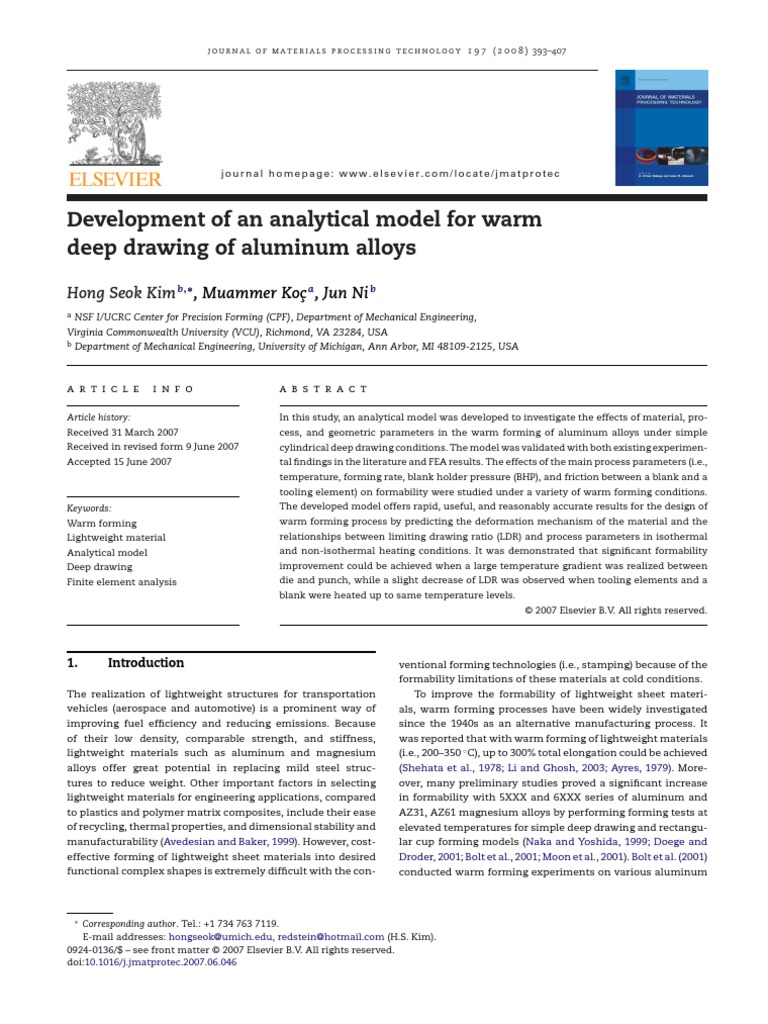 Development of An Analytical Model For Warm Deep Drawing of Aluminum Alloys | PDF | Deformation ...