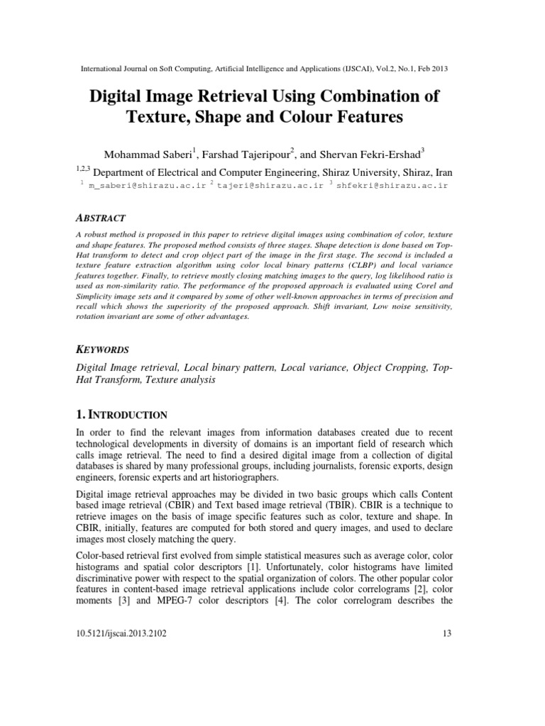 Digital Image Retrieval Using Combination Of Texture Shape And Colour Features Pdf