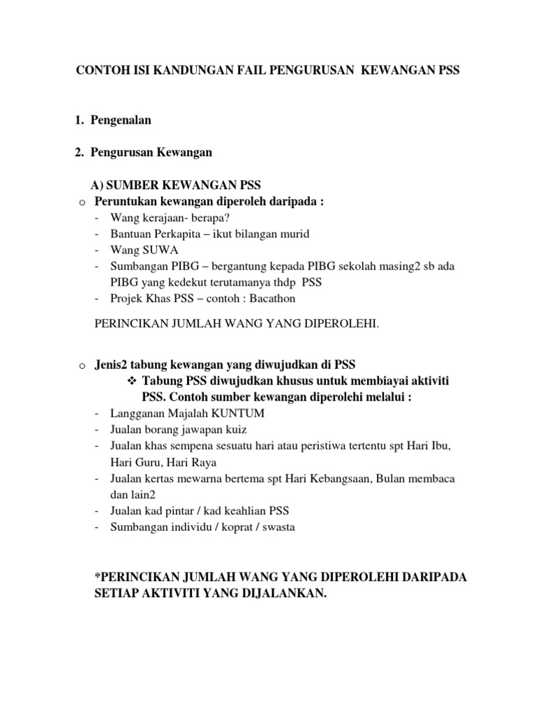 Contoh Isi Kandungan Fail Pengurusan Kewangan Pss | PDF