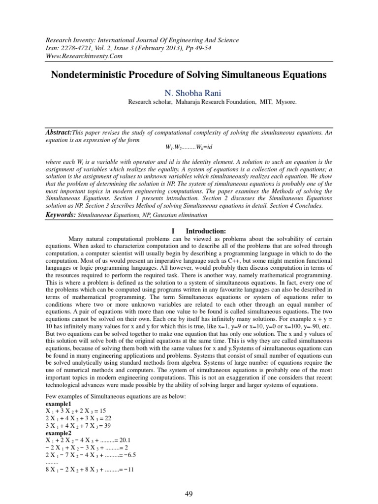 Nondeterministic Procedure of Solving Simultaneous Equations | PDF | Equations | Matrix ...