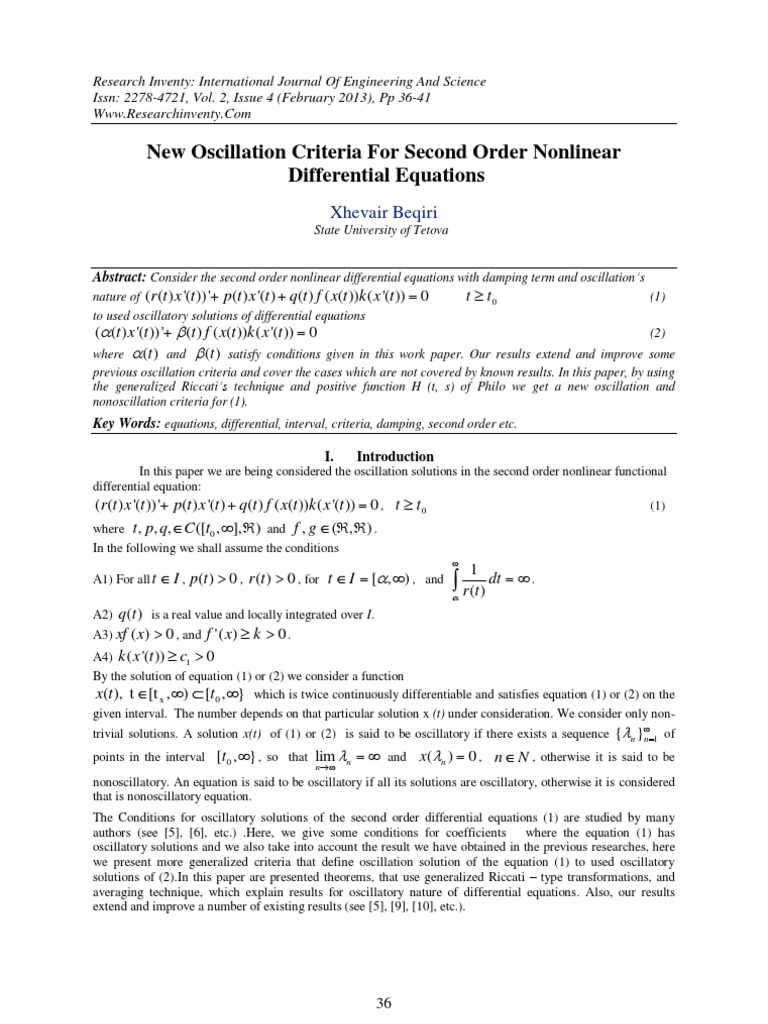 New Oscillation Criteria For Second Order Nonlinear Differential Equations | PDF | Nonlinear ...