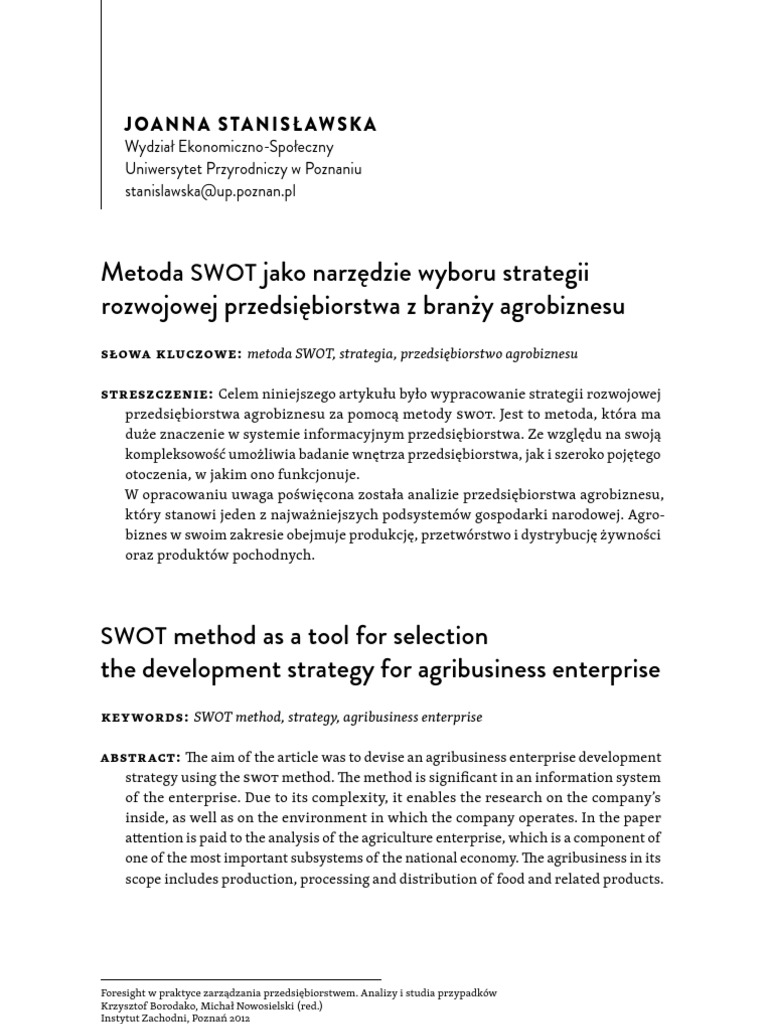 Metoda SWOT Jako Narzędzie Wyboru Strategii Rozwojowej Przedsiębiorstwa ...