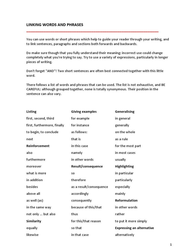 Linking Words and Phrases + Exercises | PDF | Phrase | Sentence ...