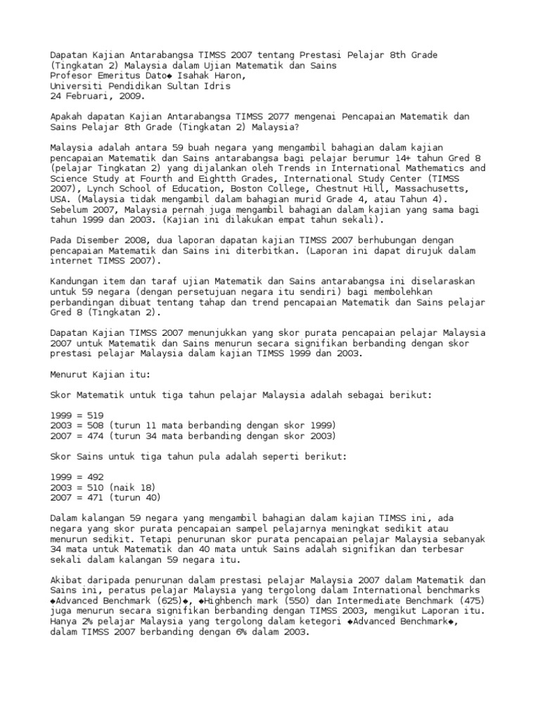 Penurunan Prestasi TIMSS Malaysia | PDF
