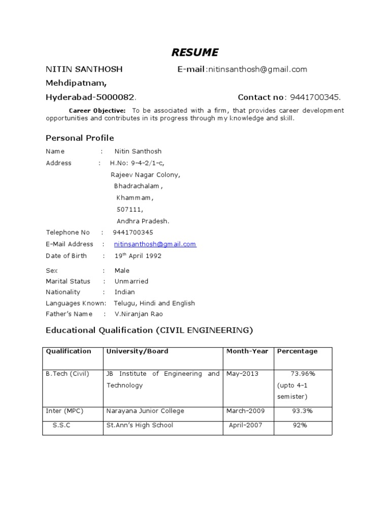 Nitin Santhosh Civil Engineer Resume | PDF | Career & Growth