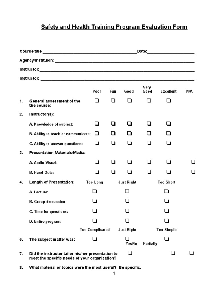 Safety Training Program Evaluation Form | PDF