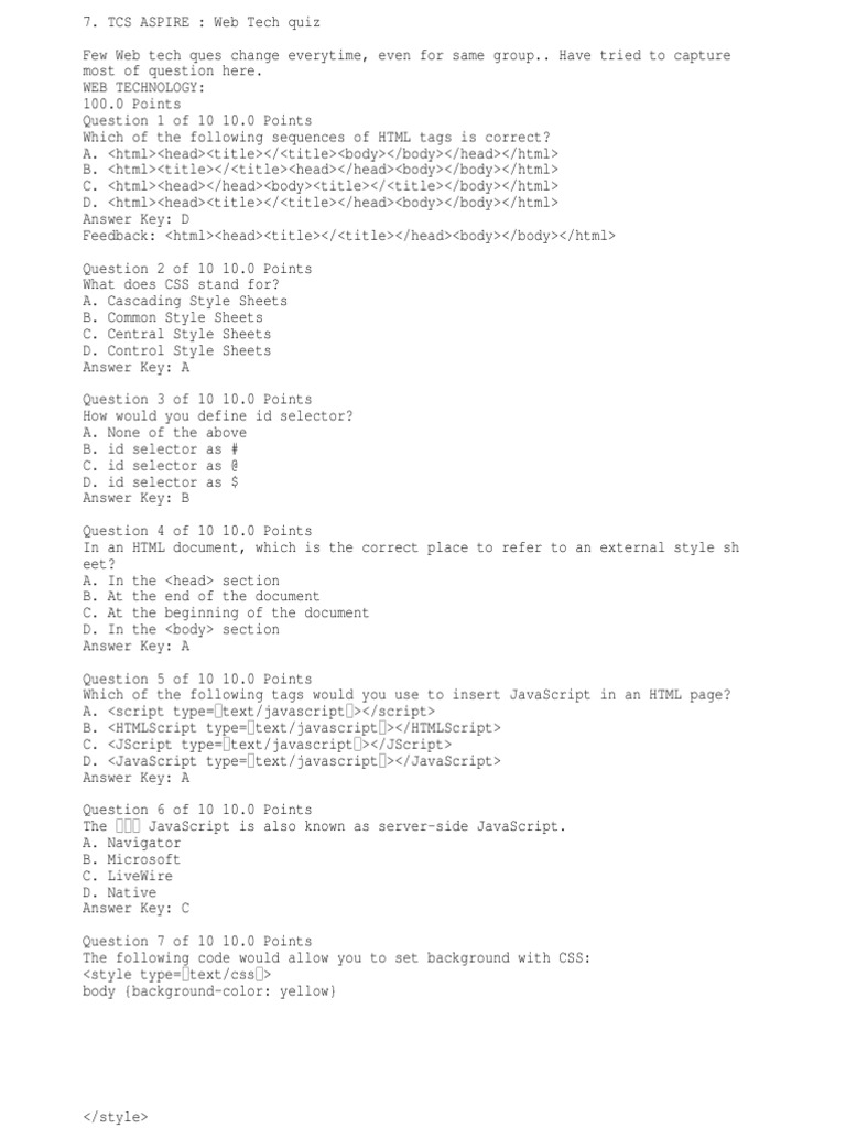 TCS Aspire ILP Web Tech Quiz All Solutions | PDF | Cascading Style ...