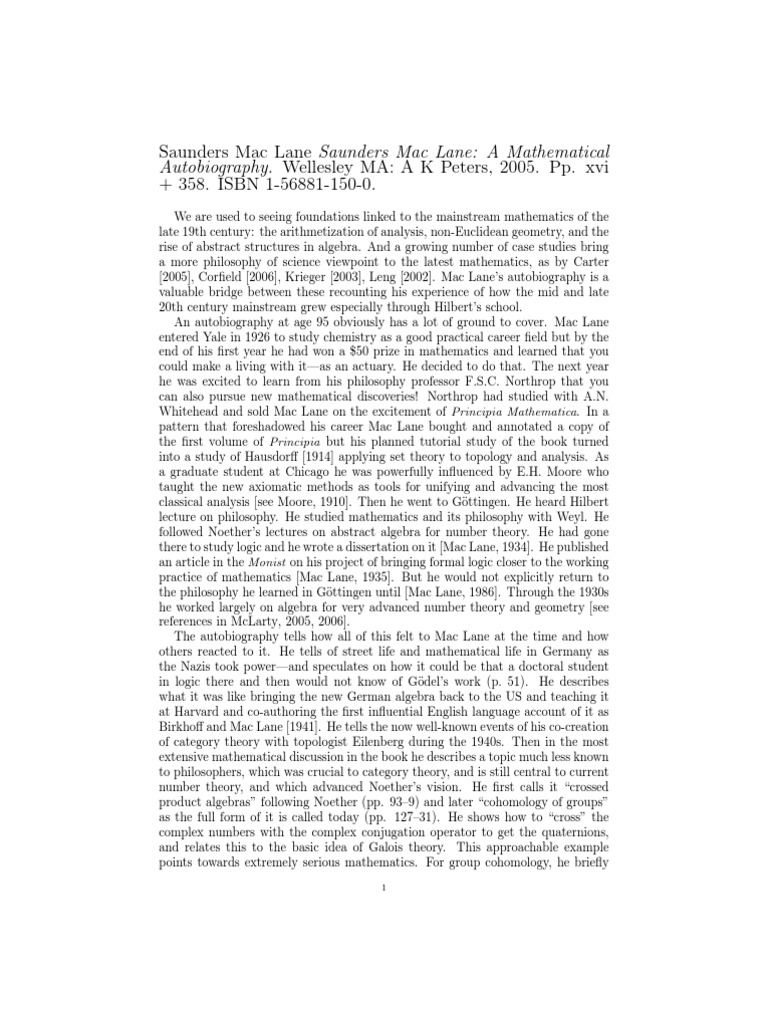 McLarty (Review), Saunders Mac Lane a Mathematical Autobiography ...
