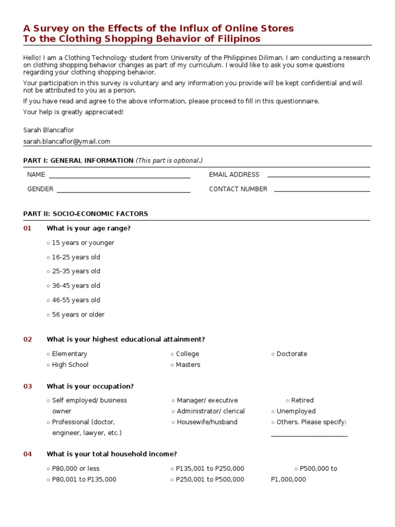 Sample Survey Questionnaire | PDF | Survey Methodology | Online Shopping