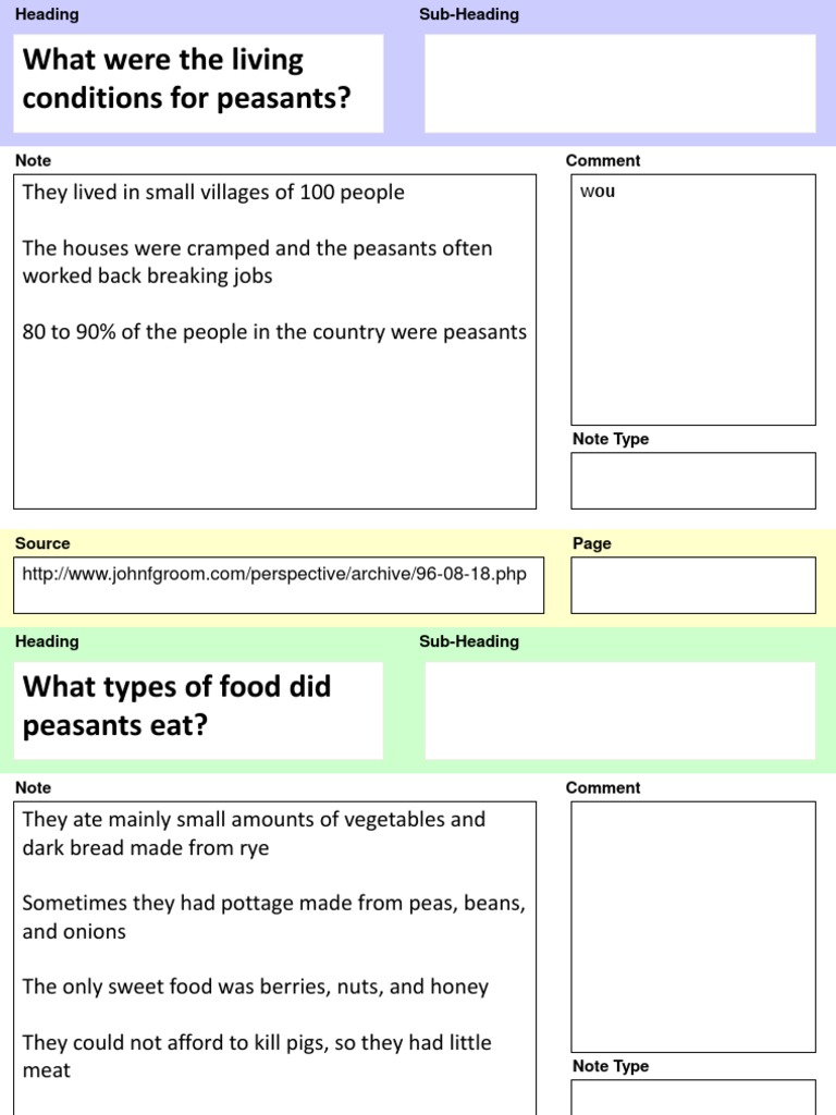Peasant Life: Conditions, Food, and Work | PDF