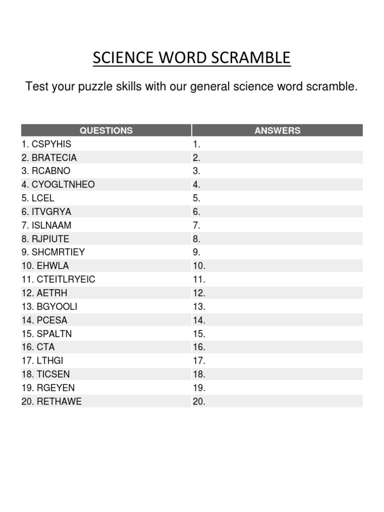 Science Word Scramble | PDF
