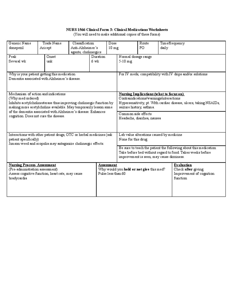 Aricept Donepezil Drug Card