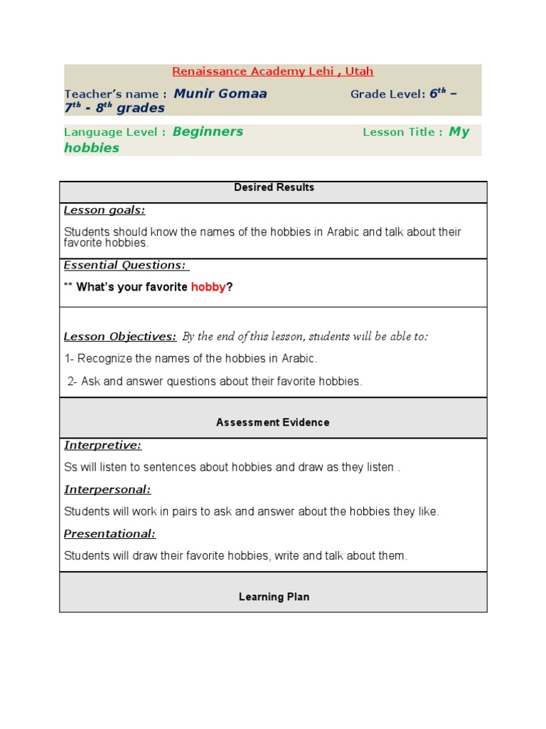 Hobbies Lesson Plan | PDF