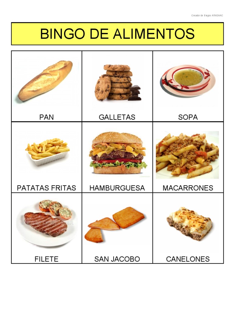 Bingo de Alimentos Con Imagenes | PDF